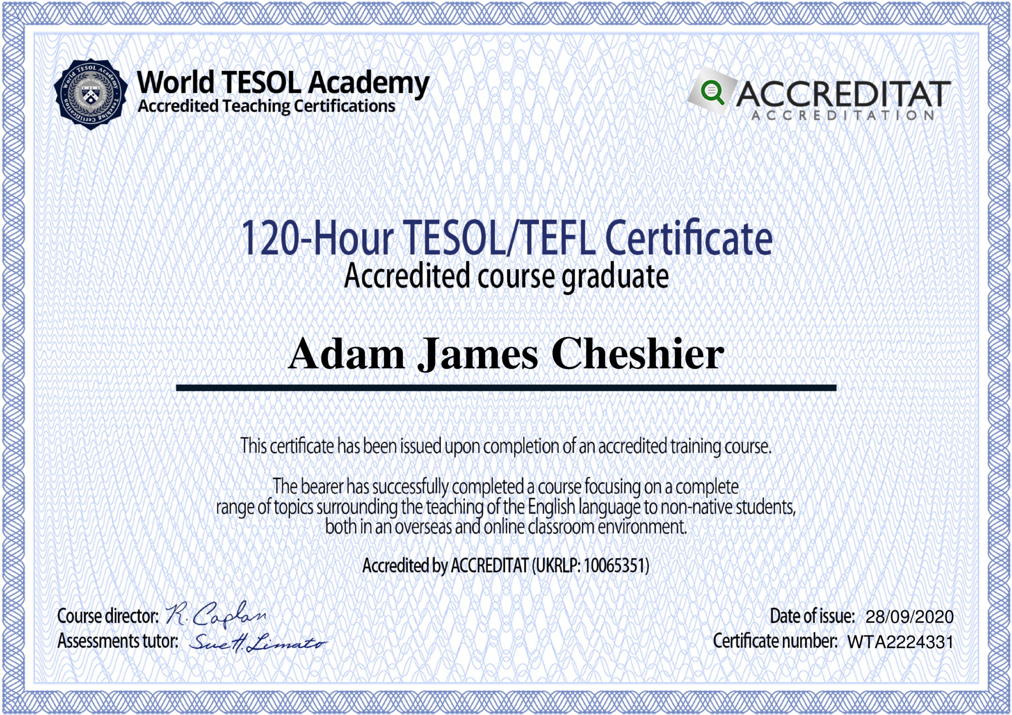 Certified TESOL/TEFL English Teacher - Adam J. Cheshier